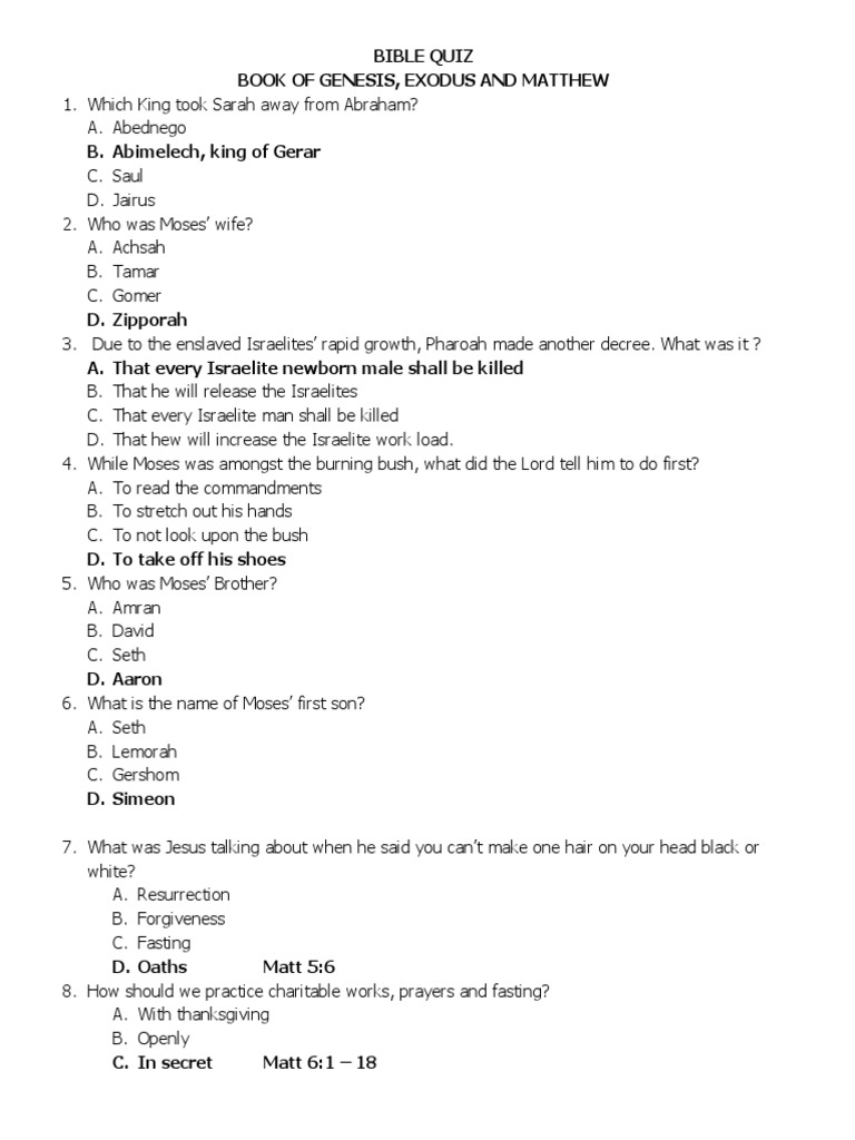 Bible Quiz | PDF | Jesus | Moses