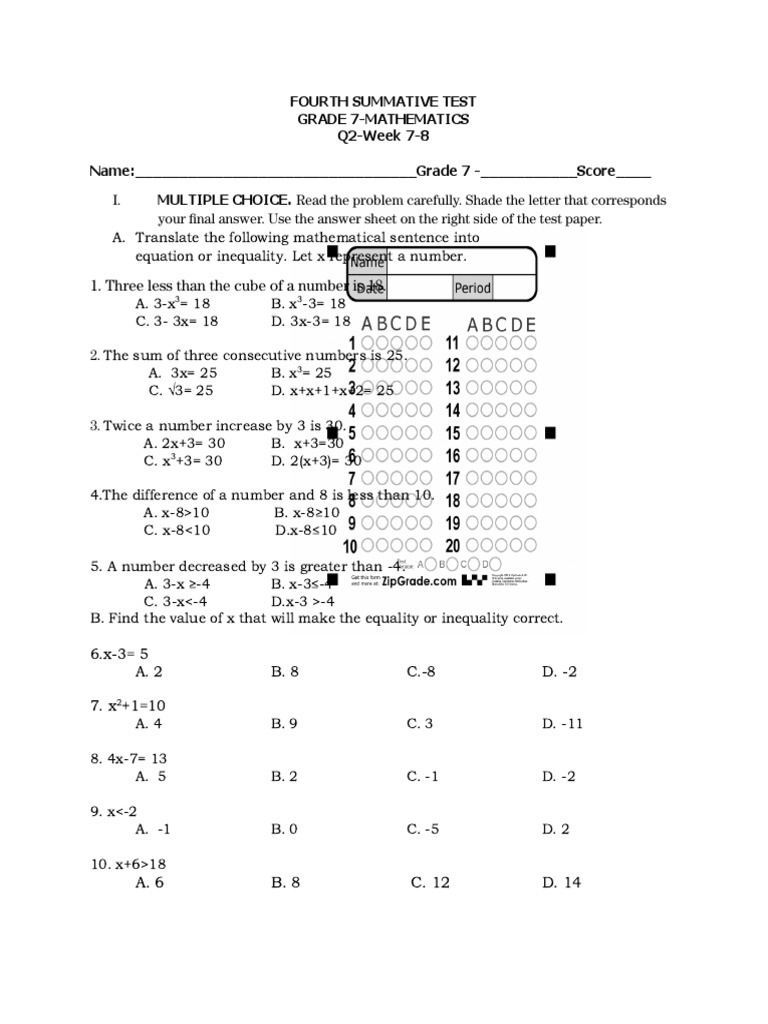 Math 7 Quarter 3 Exam | PDF | Inequality (Mathematics) | Summation