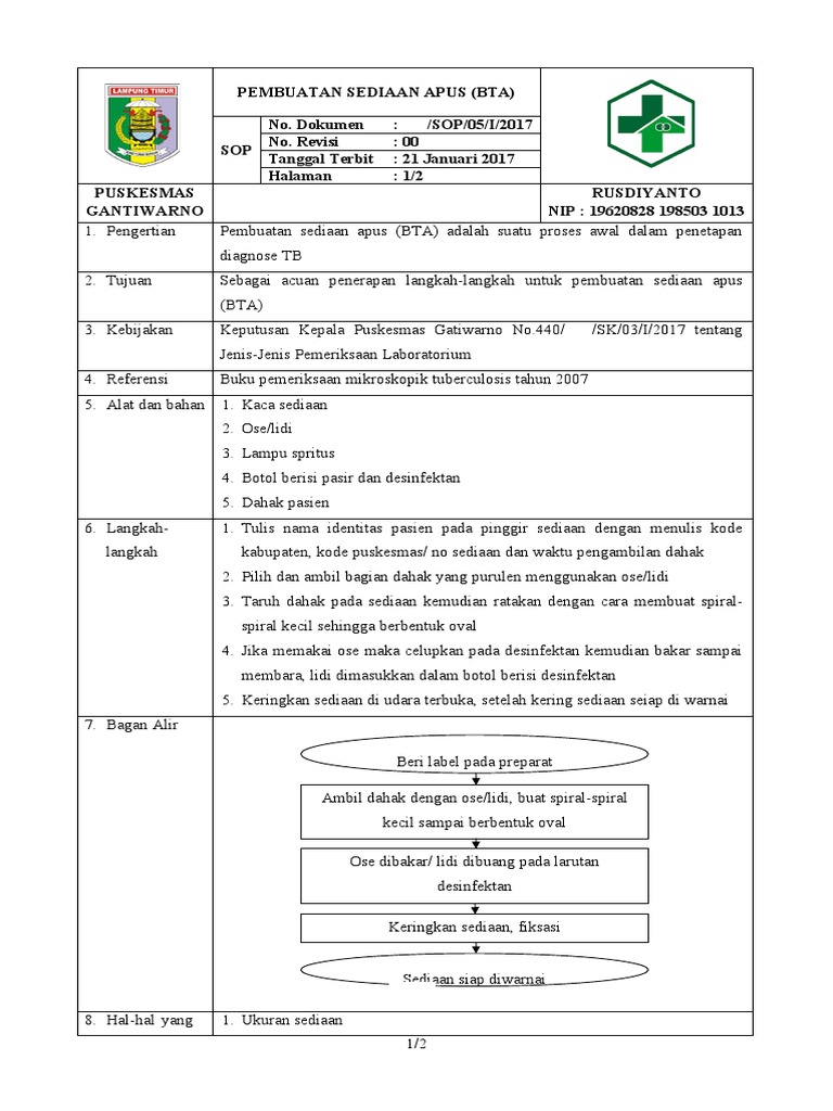 SOP Pembuatan Sediaan Apus BTA | PDF