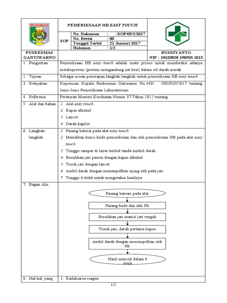 SOP Pemeriksaan HB Easy Touch | PDF | Pengembangan Diri | Kesehatan Holistik