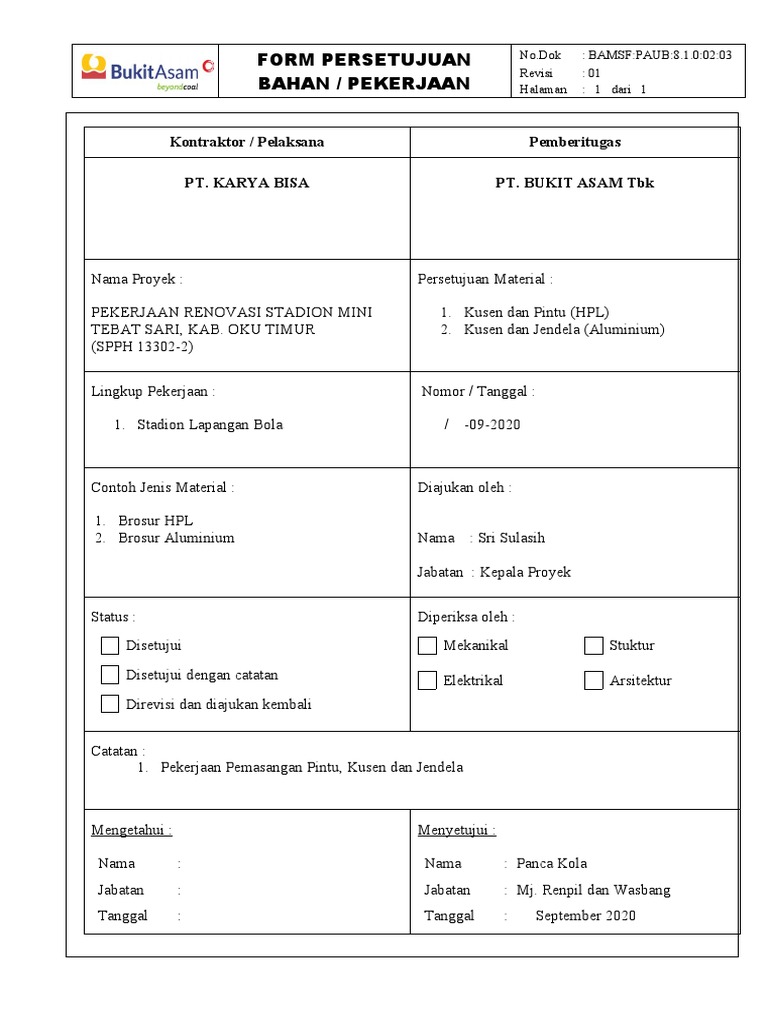Form Persetujuan Bahan Pekerjaan Pt. Karya Bisa | PDF