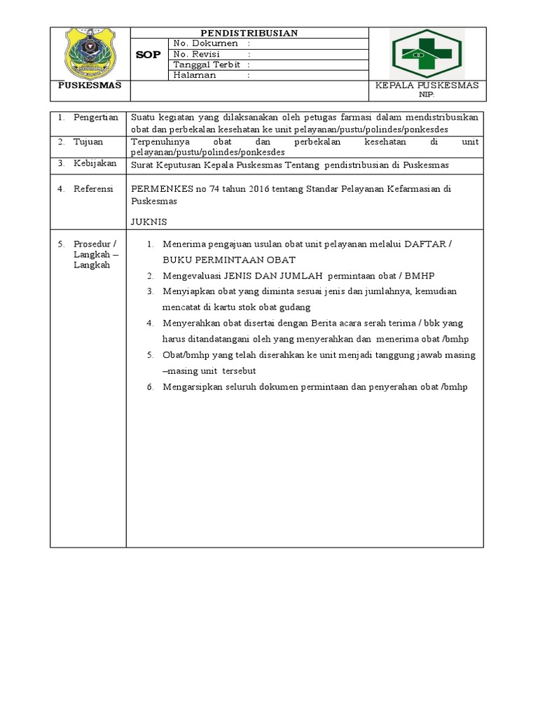 Sop Distribusi Obat Puskesmas | PDF