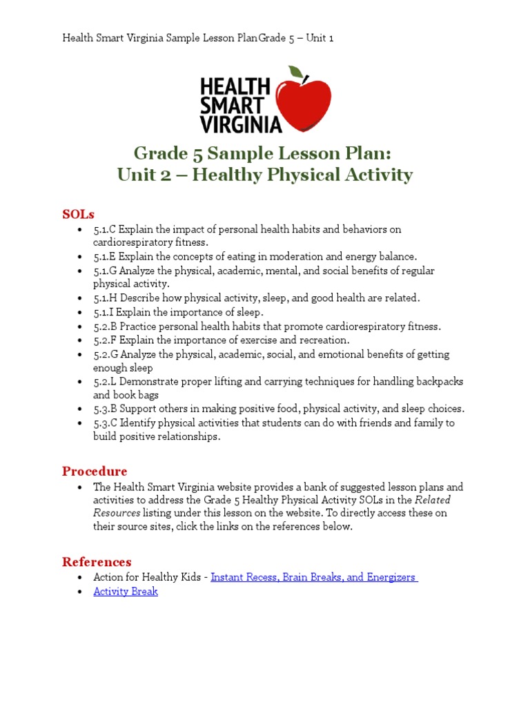 Grade 5 Sample Lesson Plan: Unit 2 - Healthy Physical Activity | Download Free PDF | Physical ...