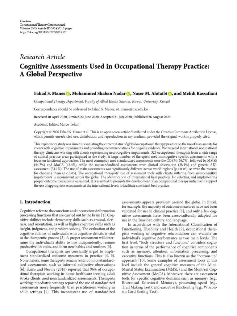 Research Article Cognitive Assessments Used in Occupational Therapy ...
