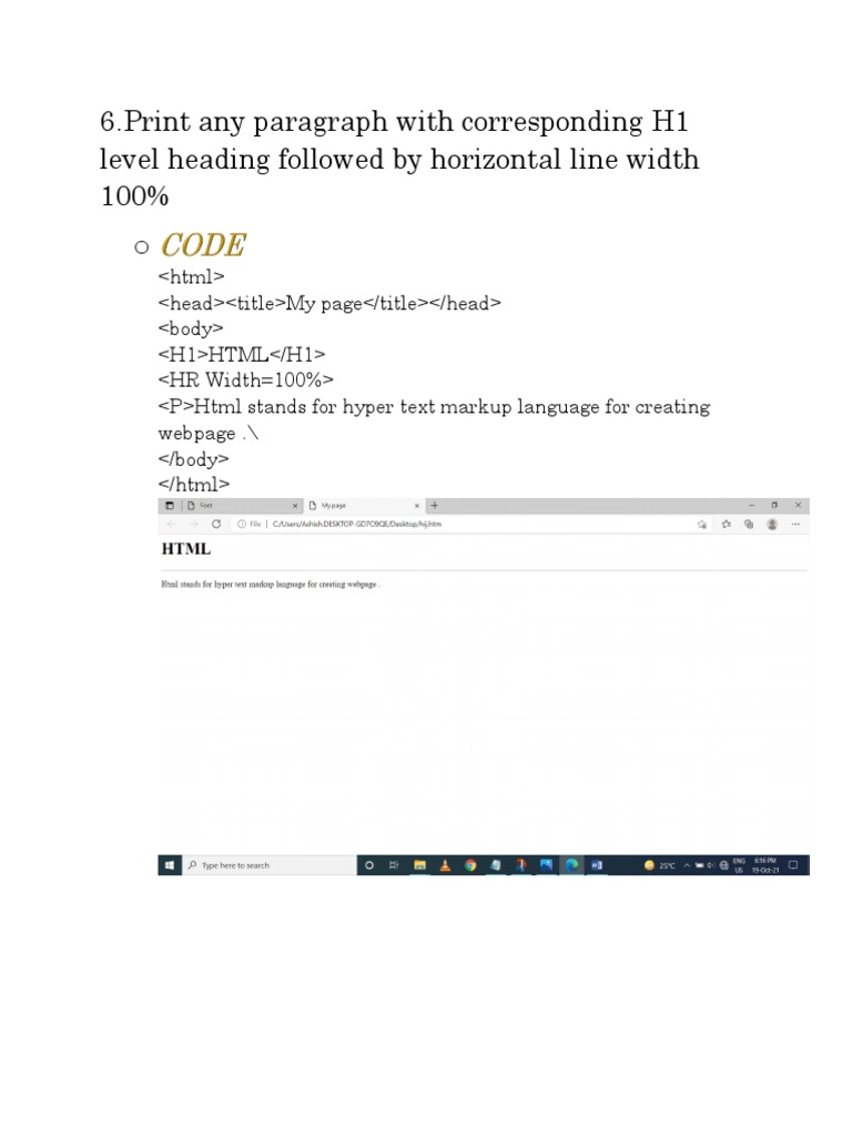 6.print Any Paragraph With Corresponding H1 Level Heading Followed by Horizontal Line Width 100% ...