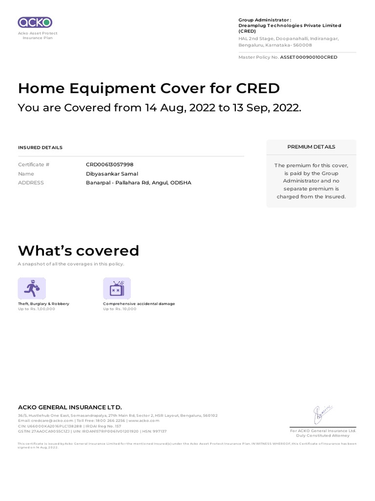 Home Equipment Cover For CRED: You Are Covered From 14 Aug, 2022 To 13 ...