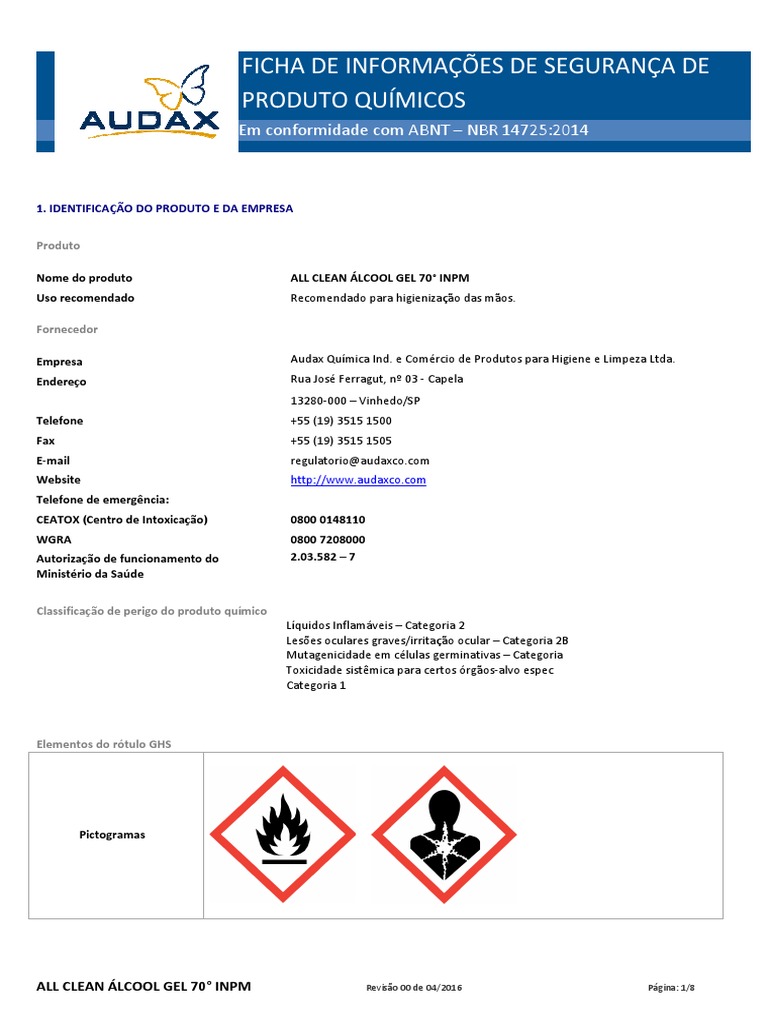 FISPQ All Clean Álcool Gel 70% | PDF | Desperdício | Embalagem e rotulagem