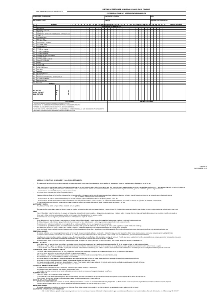 Formato Lista de Chequeo Uso de Herramientas Manuales y Electricas | PDF | Tornillo | Herramientas