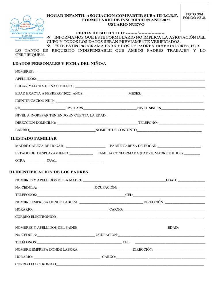 FORMULARIO NIÑOS NUEVOS 2022-Editable | PDF