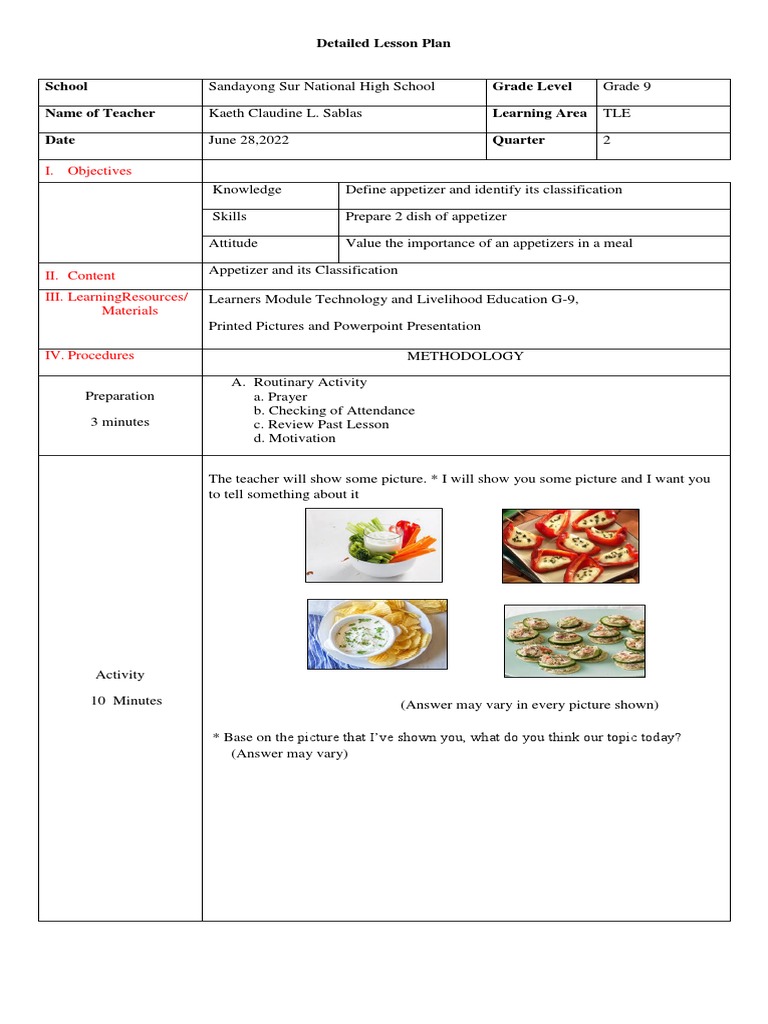 TLE- Lesson Plan | PDF | Hors D'oeuvre | Foods