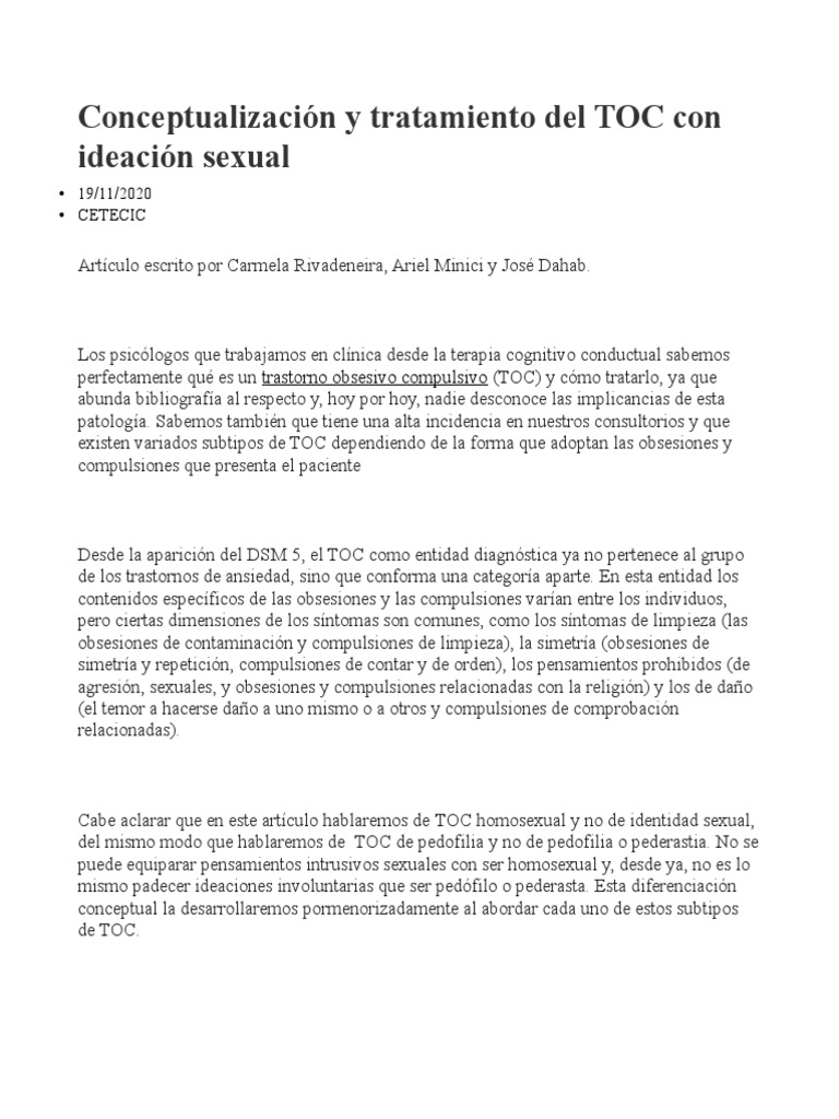 Conceptualización y Tratamiento Del TOC Con Ideación Sexual: Trastorno Obsesivo Compulsivo | PDF ...