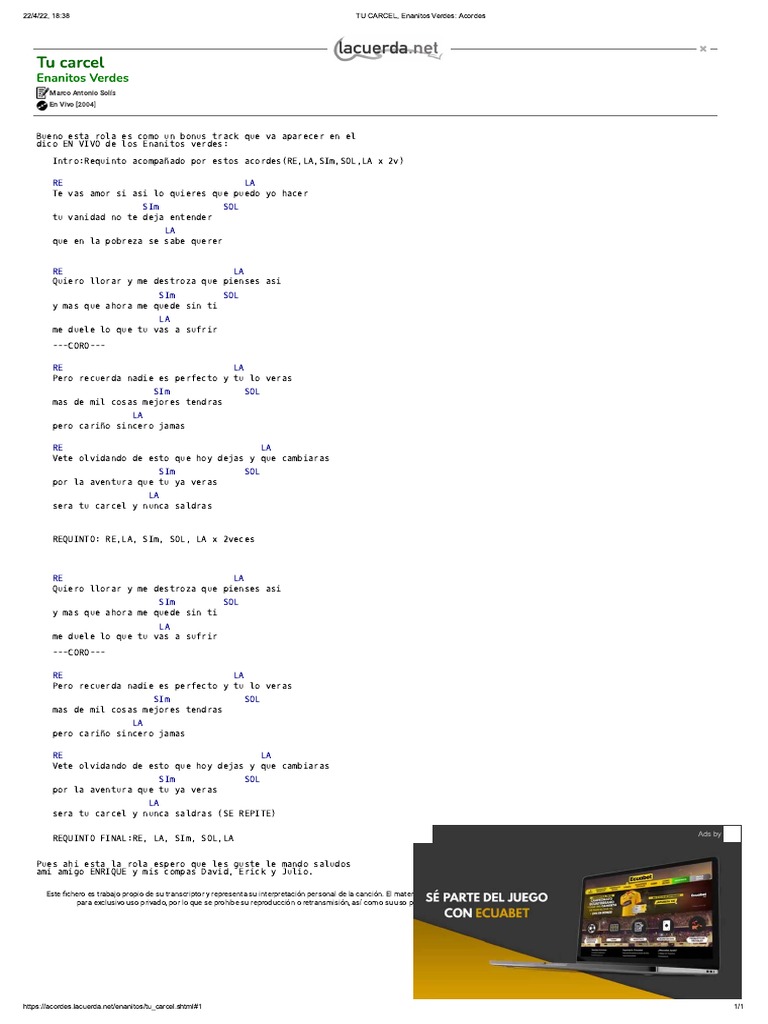 TU CARCEL, Enanitos Verdes - Acordes | PDF