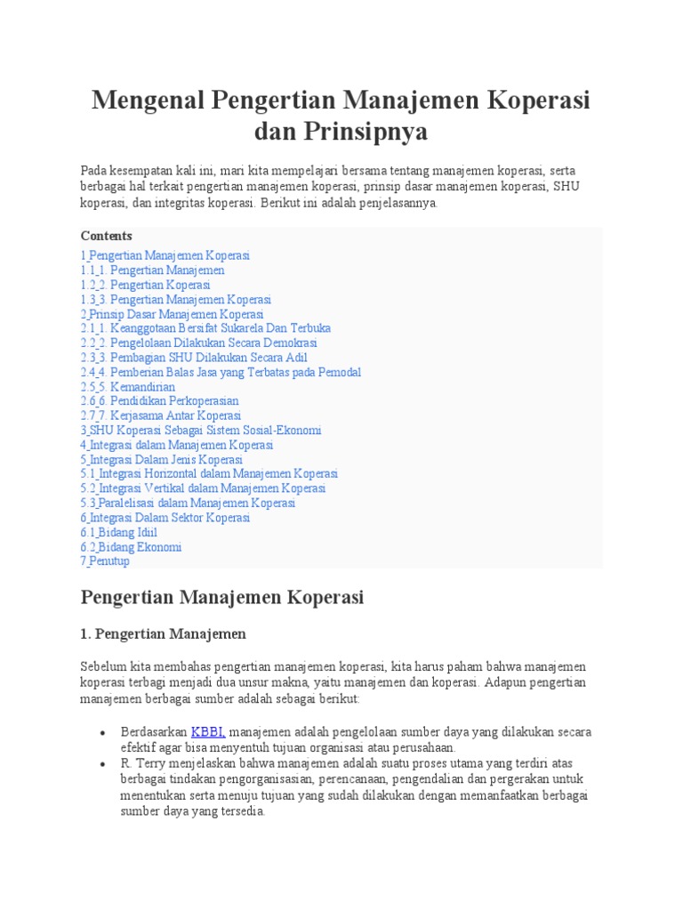 Mengenal Pengertian Manajemen Koperasi Dan Prinsipnya KOPERASI | PDF