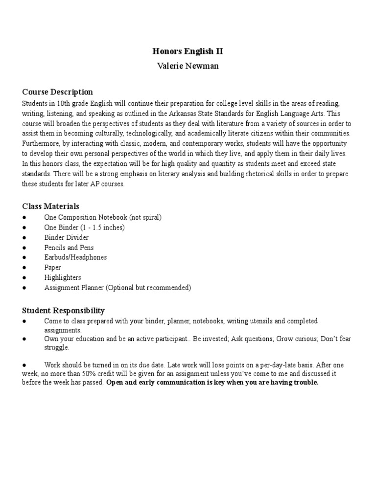 Newman 10th Grade Honors English Syllabus 2022 | PDF | Genre | Rhetoric