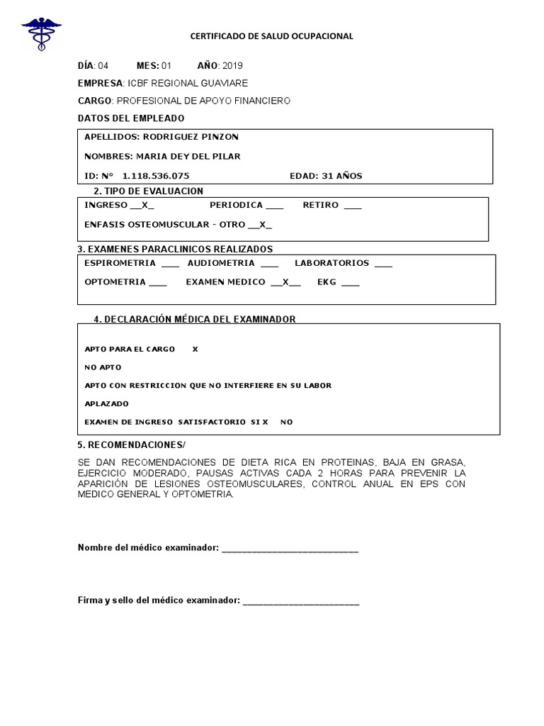 Certificado de Salud Ocupacional ICBF | PDF