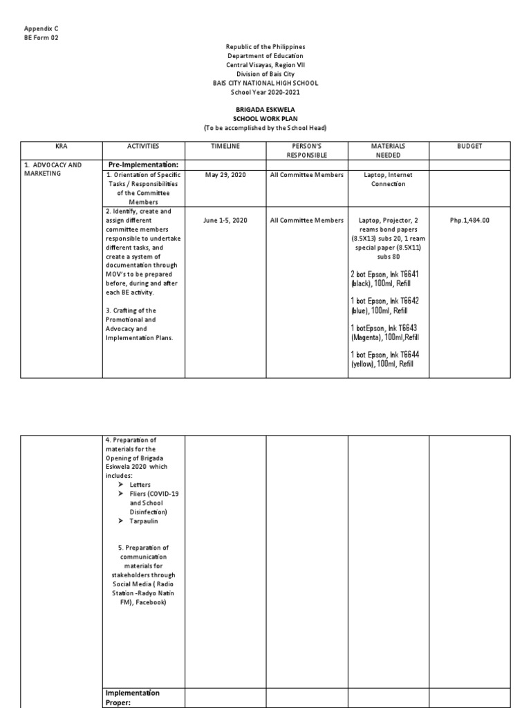 Pre-Implementation:: Brigada Eskwela School Work Plan | PDF