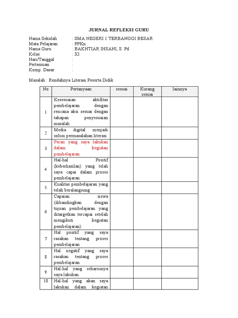 JURNAL REFLEKSI GURU Bakhtiar | PDF