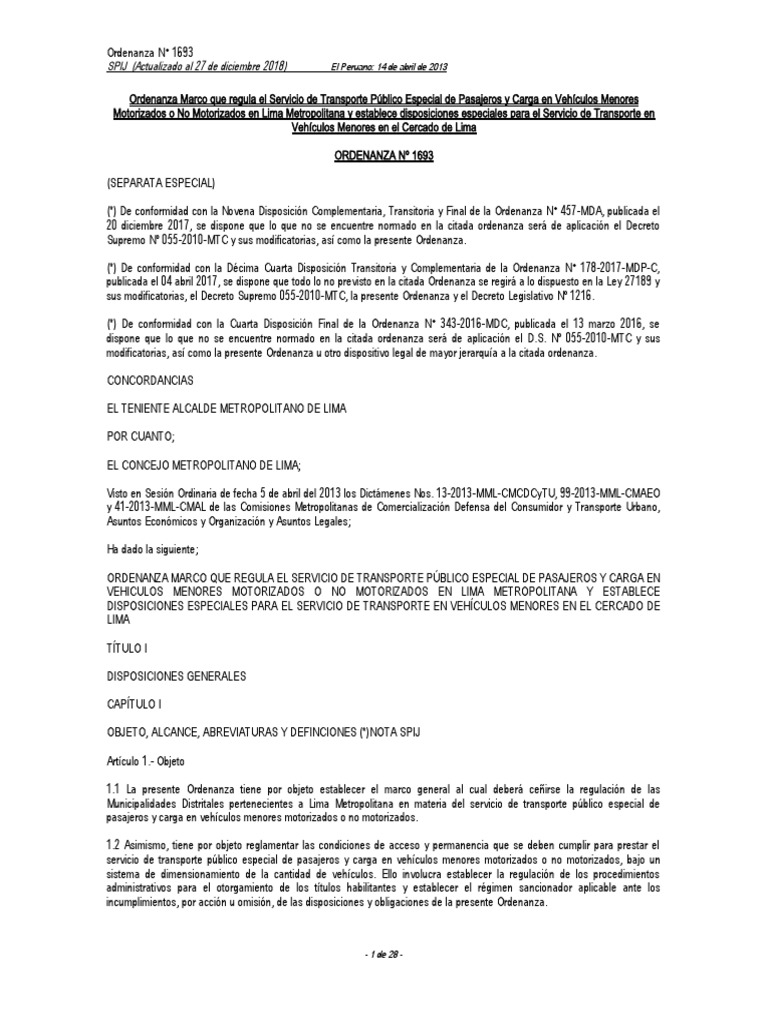Ordenanza #1693 Que Regula El Servicio de Transporte Público Especial de Pasajeros | PDF ...