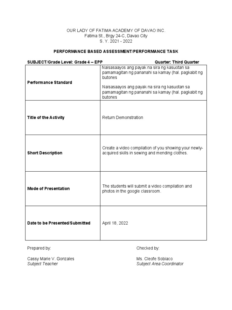 Performance Based Assessment/Performance Task SUBJECT/Grade Level ...