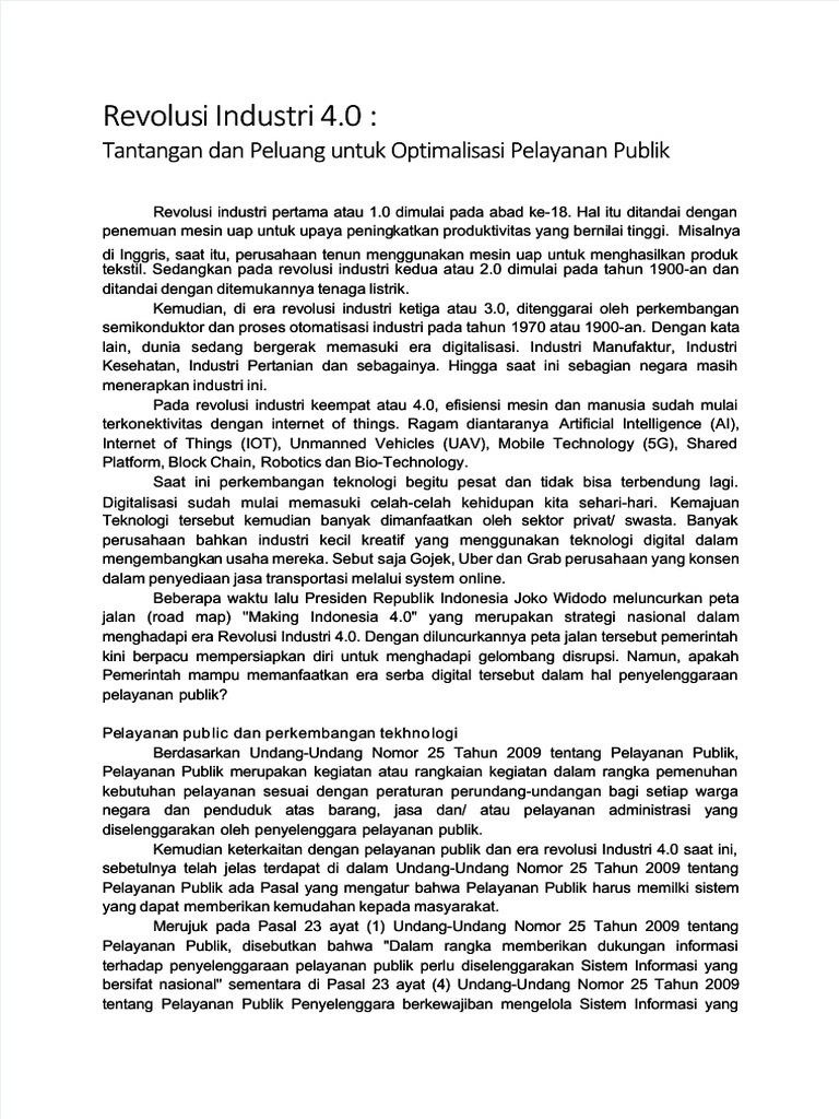 PDF Revolusi Industri 40 Tantangan Dan Peluang Untuk Optimalisasi Pelayanan Publik - Compress | PDF