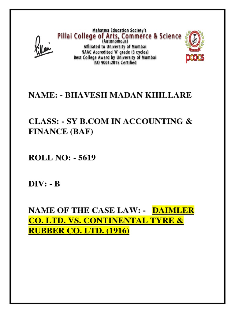 Daimler Co. Ltd. vs. Continental Tyre & Rubber Co. Ltd. (1916) | PDF ...