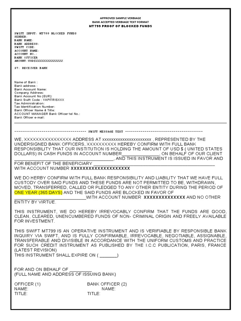 MT799 Blocked Funds Verbiage | PDF | Banks | Money MT799 Blocked Funds Verbiage | PDF | Banks | Money