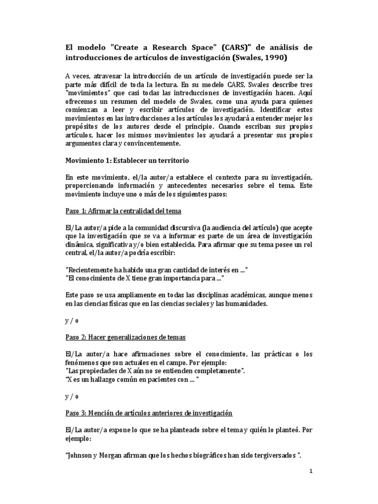 Modelo CARS de Swales en Introducciones | PDF | Science | Conocimiento