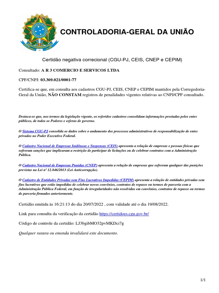 19-Certidão Negativa Correcional (CGU-PJ, CEIS, CNEP e CEPIM) | PDF