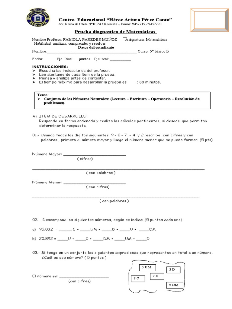 Prueba Diagnostico Matematica 5to | PDF | Matemáticas