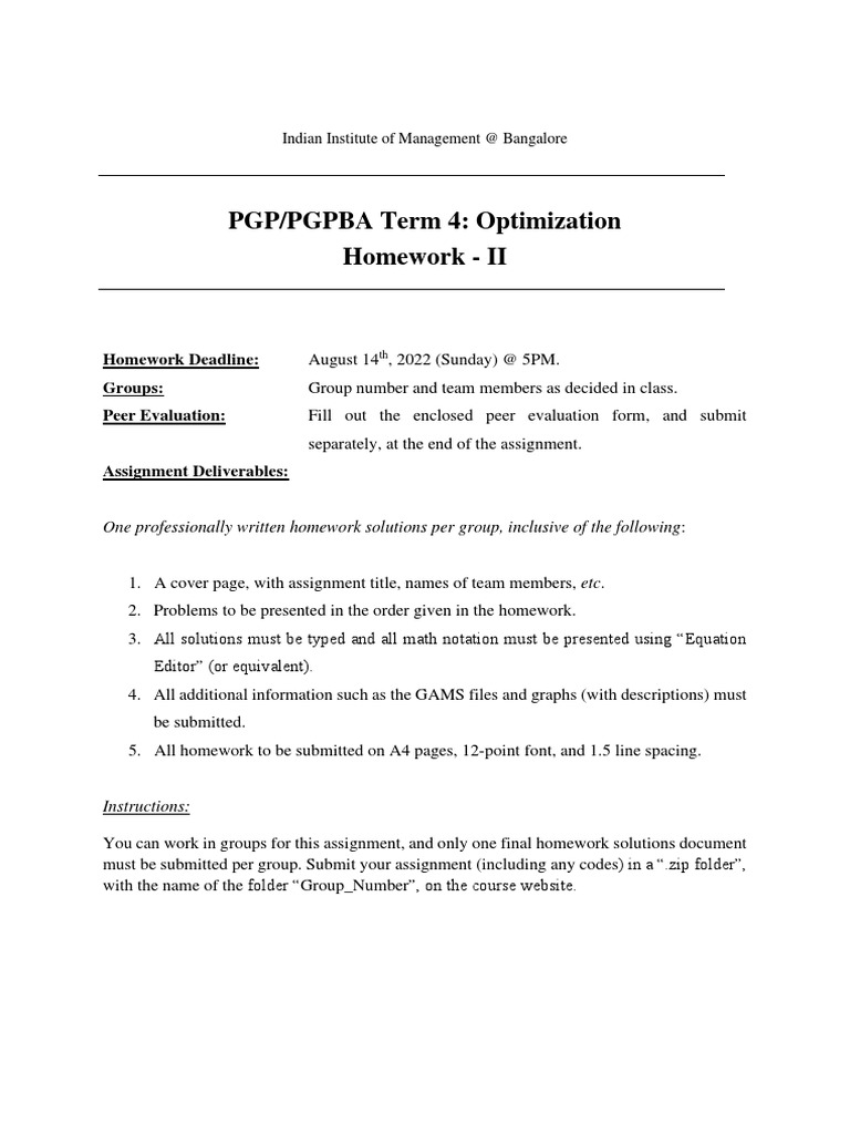 PGP/PGPBA Term 4: Optimization Homework - II: Homework Deadline: Groups ...