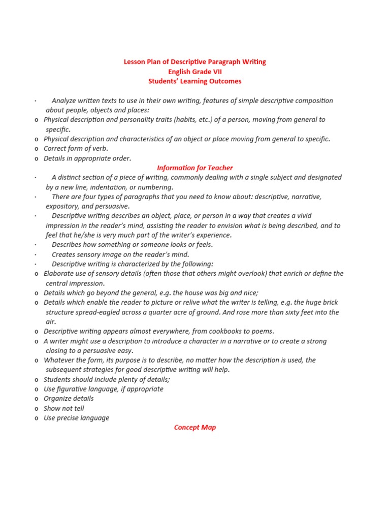 Lesson Plan of Descriptive Paragraph Writing | PDF | Cognition ...