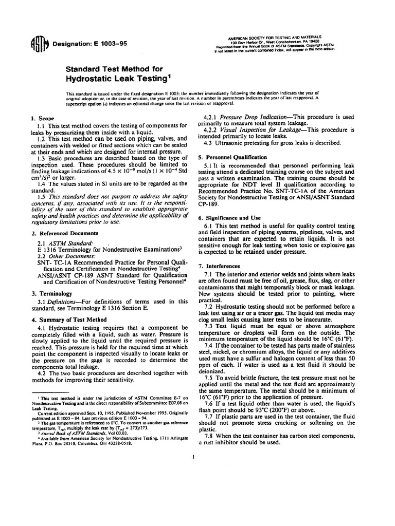 Astm E1003-95 Standar Test For Leak Testing | PDF