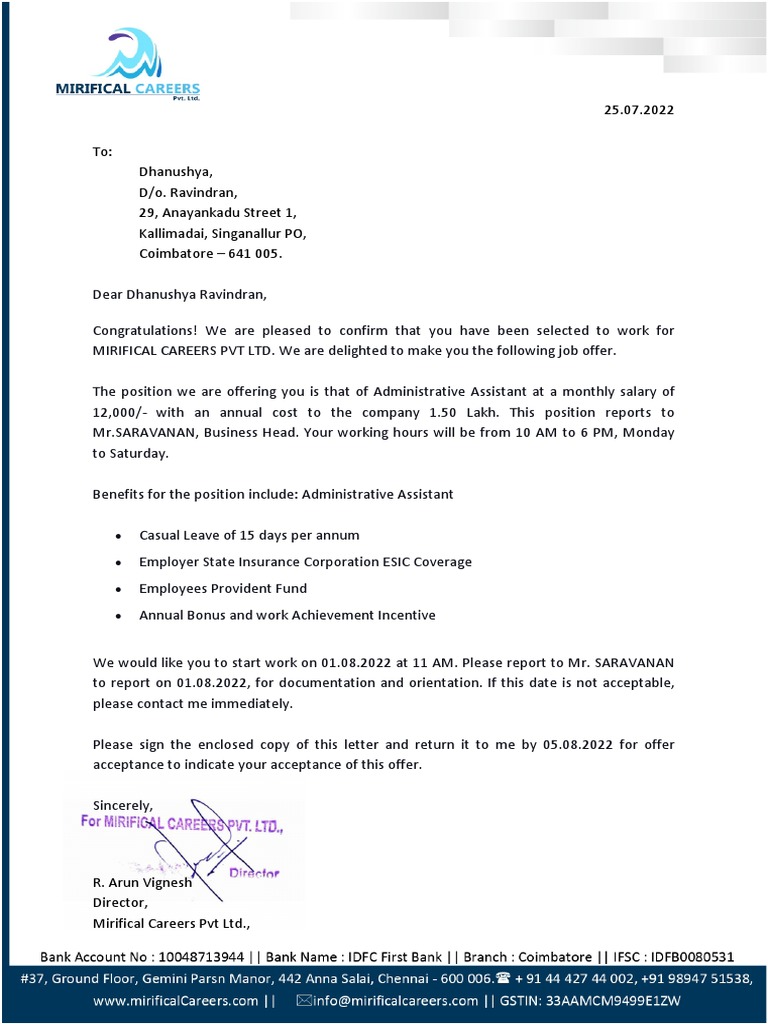 Administrative Assistant Offer Letter | PDF | Employment | Economies