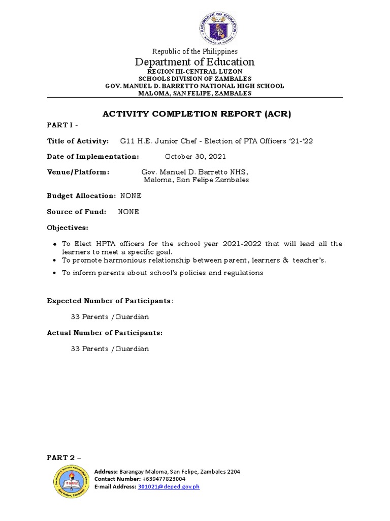 Department of Education: Activity Completion Report (Acr) | PDF ...