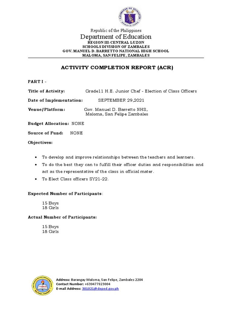 Department of Education: Activity Completion Report (Acr) | PDF | Philippines | Government