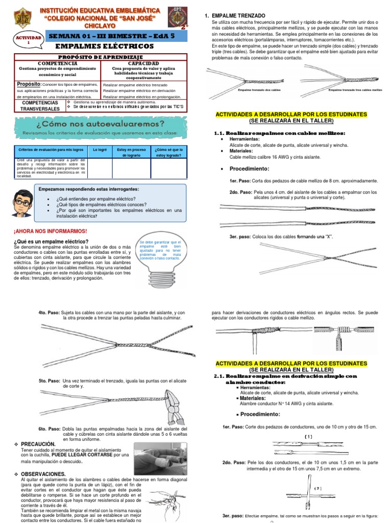 SEMANA 01 - EdA 5 - ACT. 1 - EMPALMES ELÉCTRICOS | PDF | Aislador (Electricidad) | Electricidad