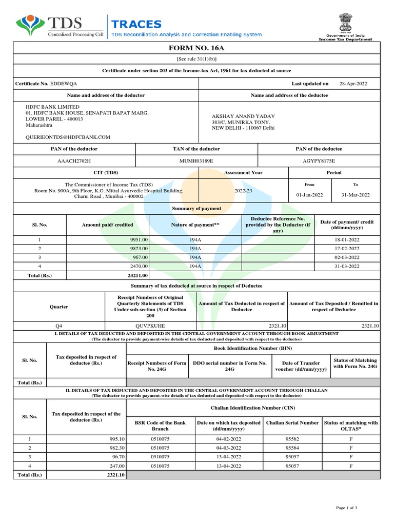 Form No. 16A: From To | Download Free PDF | Securities (Finance) | Interest