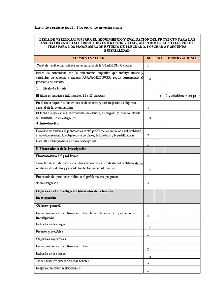 003 - Lista de Verificación para Evaluar El Proyecto Final | PDF | Teoría | Paradigma