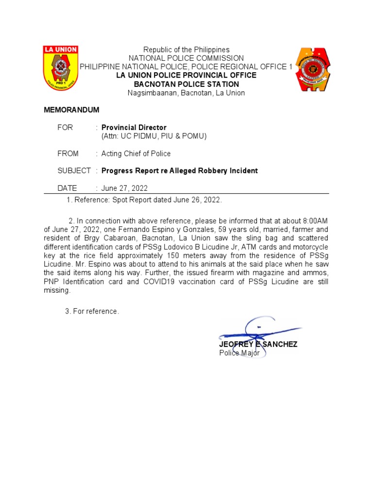 Progress Report Re Robbery Incident of PSSG Loduvico B Licudine JR ...