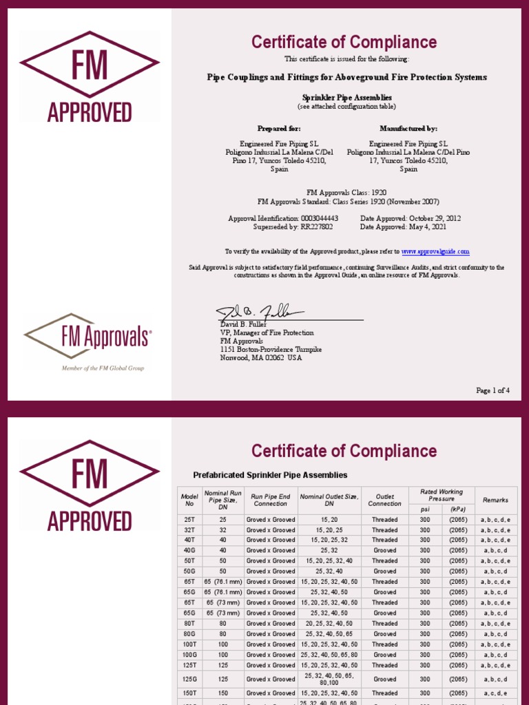 E Fire Piping FM Approval Certificate Including Min Wall Thickness ...