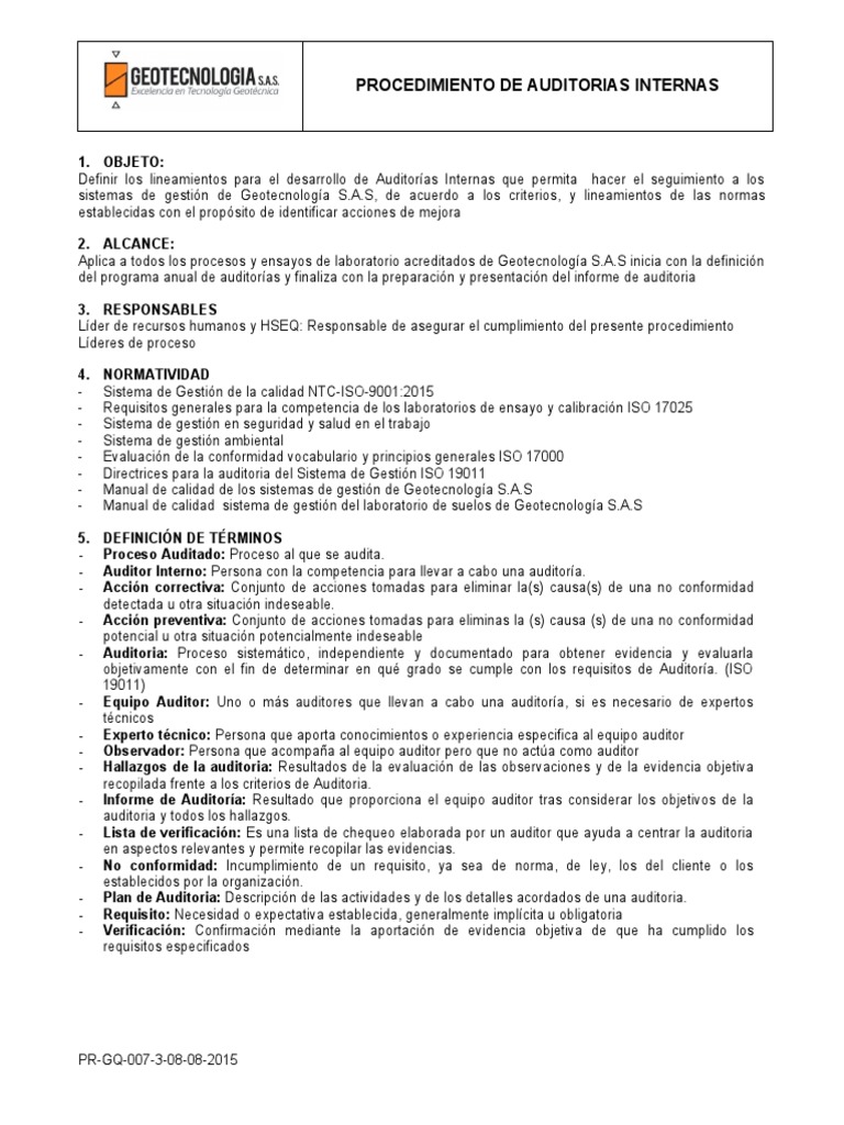 PR-GH-007 Procedimiento de Auditorias Internas | PDF | Auditoría ... PR-GH-007 Procedimiento de Auditorias Internas | PDF | Auditoría ...