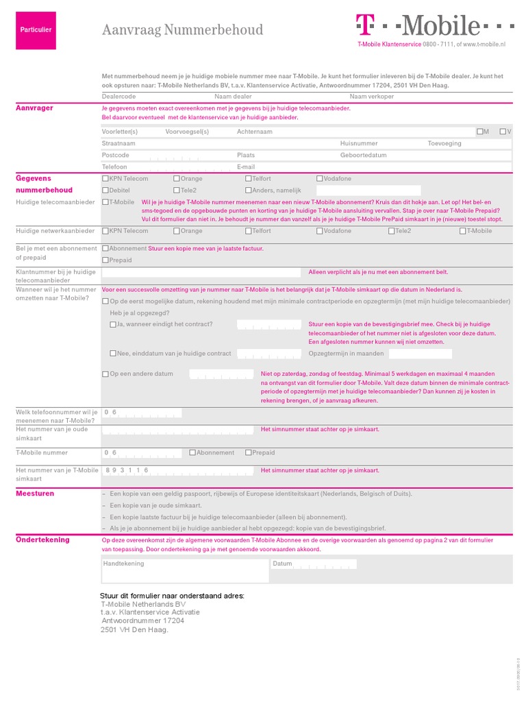 Aanvraag Formulier T-Mobile ... - Gsmweb - NL | PDF