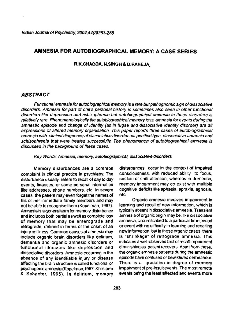 Autobiographical Amnesia Case Study | PDF | Amnesia | Dissociation ...