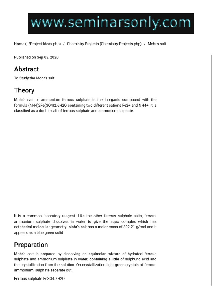 Mohr's Salt - Chemistry Science Fair Project | PDF | Ammonium | Salt ...