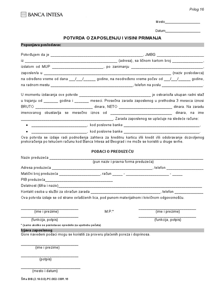 Potvrda o Zaposlenju I Visini Primanja | PDF