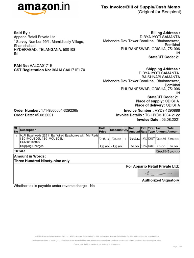 Tax Invoice/Bill of Supply/Cash Memo: (Original For Recipient ...