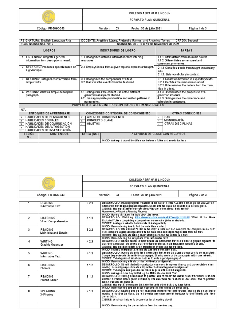 English ELA Plan 2nd Grade 007 | PDF | Communication | Linguistics