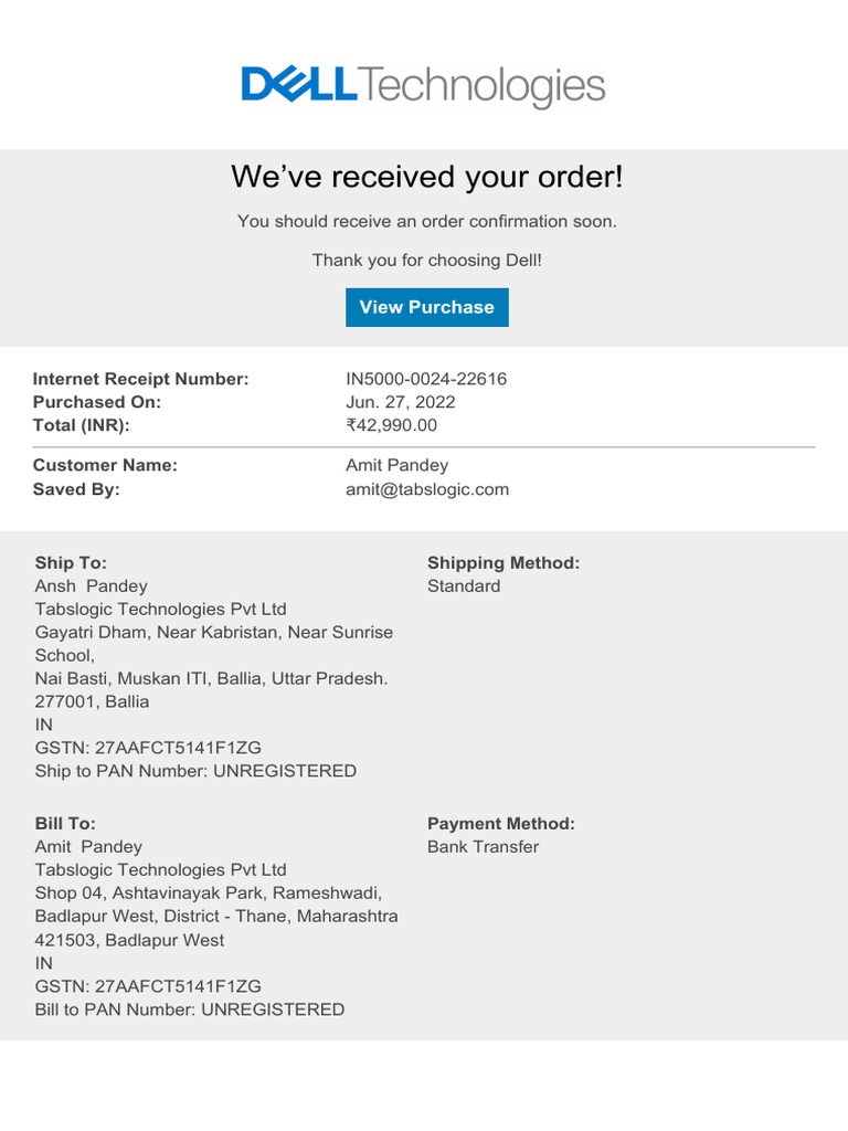 We've Received Your Order!: View Purchase | PDF | Dell | Laptop