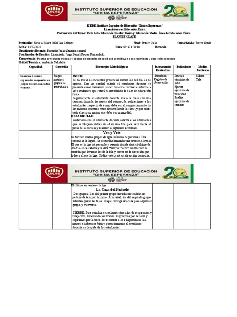Plan de Clase Tercer Grado Segmentos Corporales - Fernando Sanabria | PDF