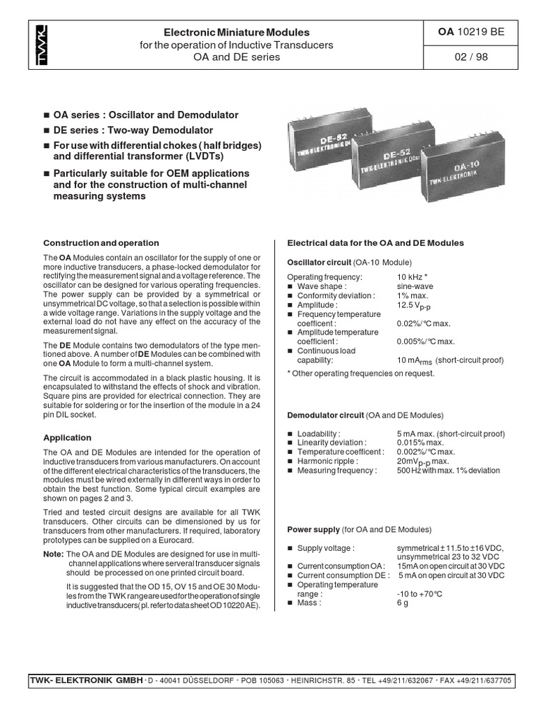 02 / 98 For The Operation of Inductive Transducers OA and DE Series ...